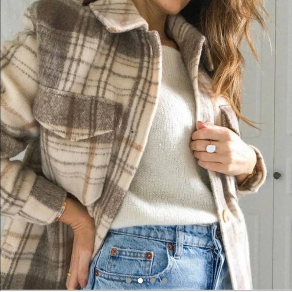 Zara | Jackets & Coats | Zara Neutral Plaid Jacket Shacket Large | Poshmark